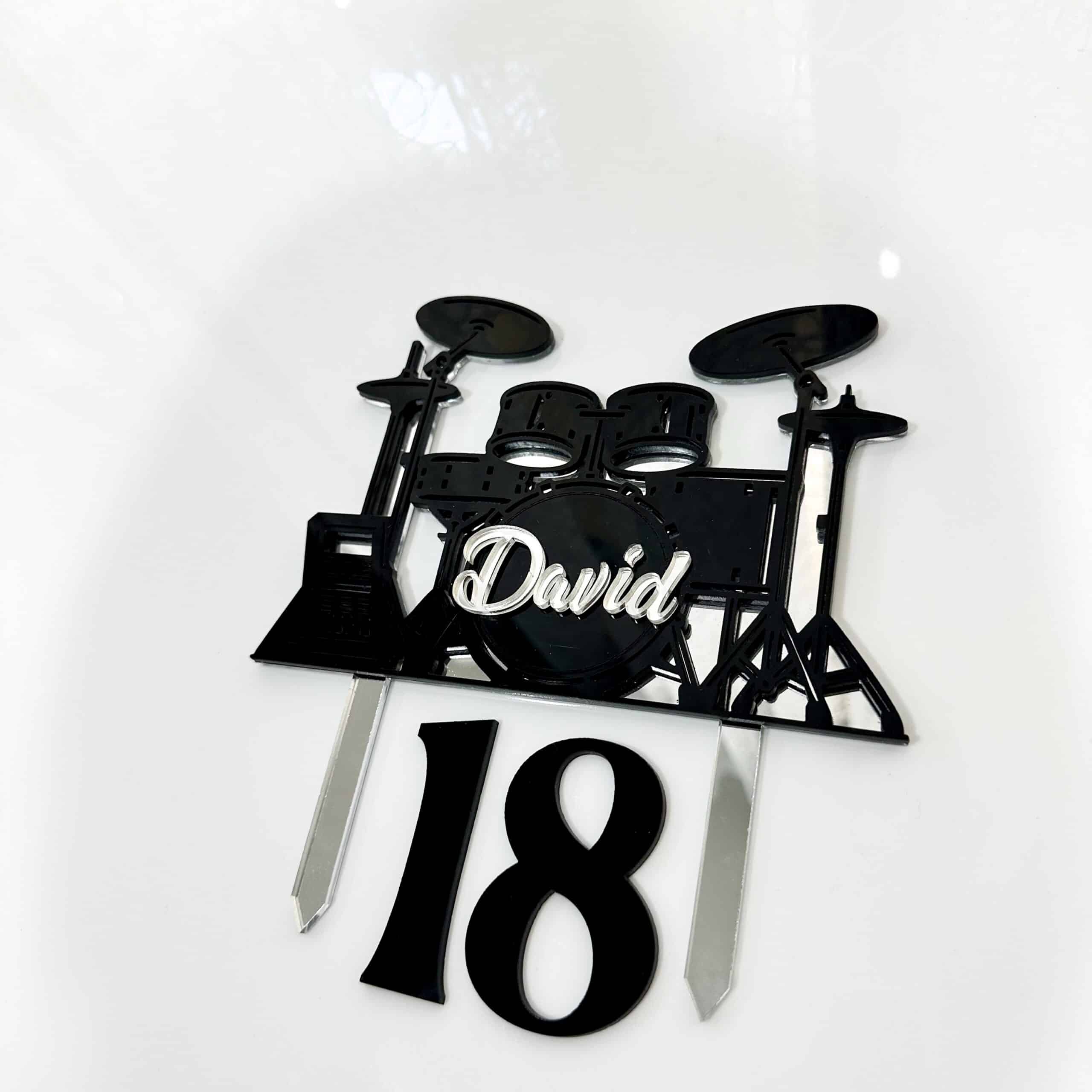 Personalised Drummer Cake Topper Black & Silver Acrylic